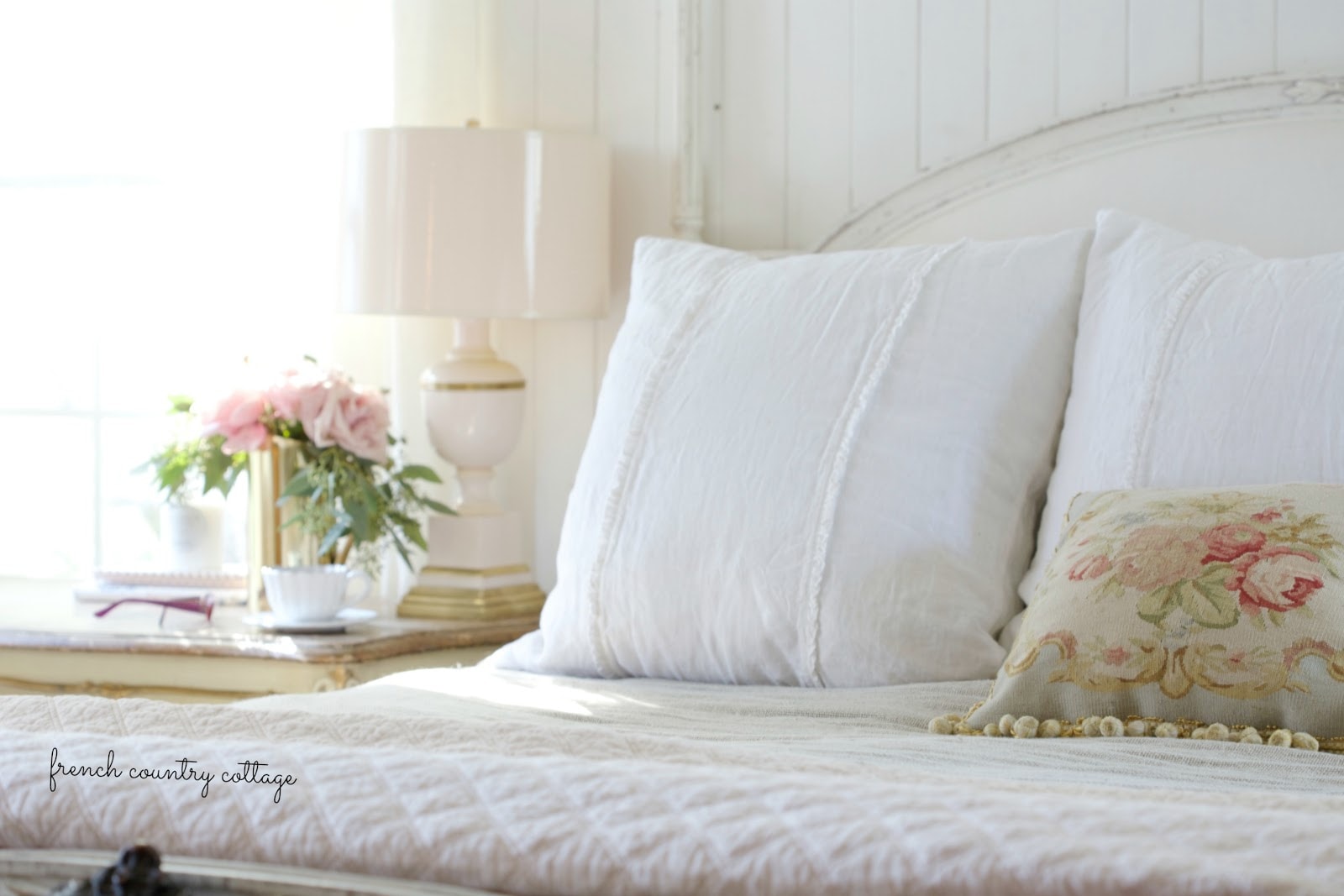 Simple & beautiful long ruffled linens in the bedroom - French Country ...