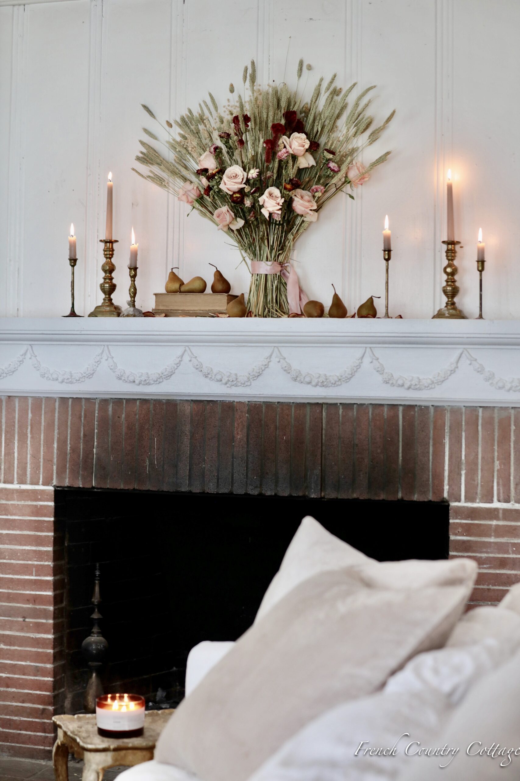Wheat & Roses Autumn Floral Arrangement - French Country Cottage