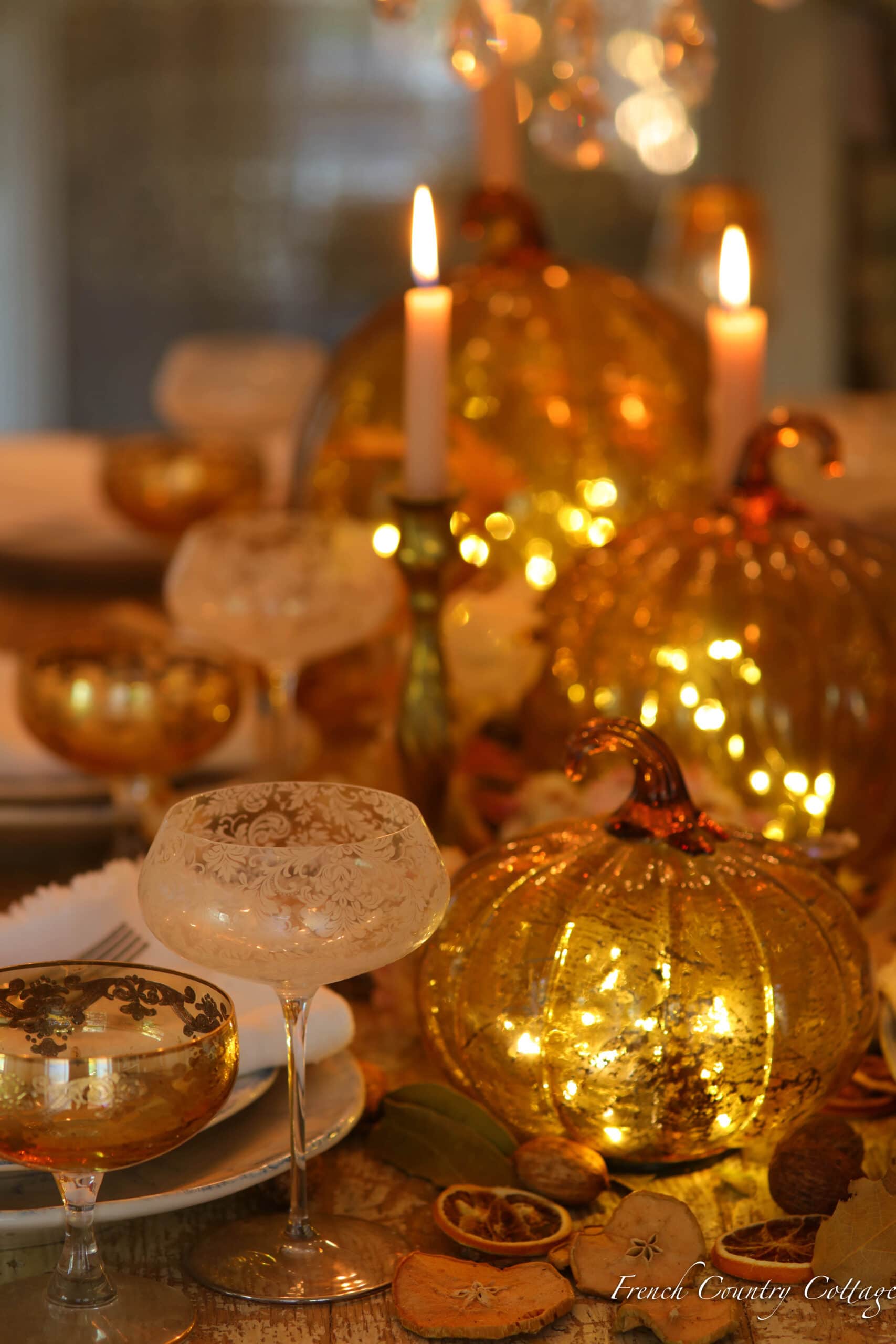 Beautiful Autumn Ambiance Glowing Pumpkins Table - French Country Cottage