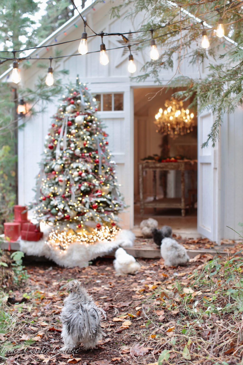 Snowy Red Barn Christmas Tree - French Country Cottage