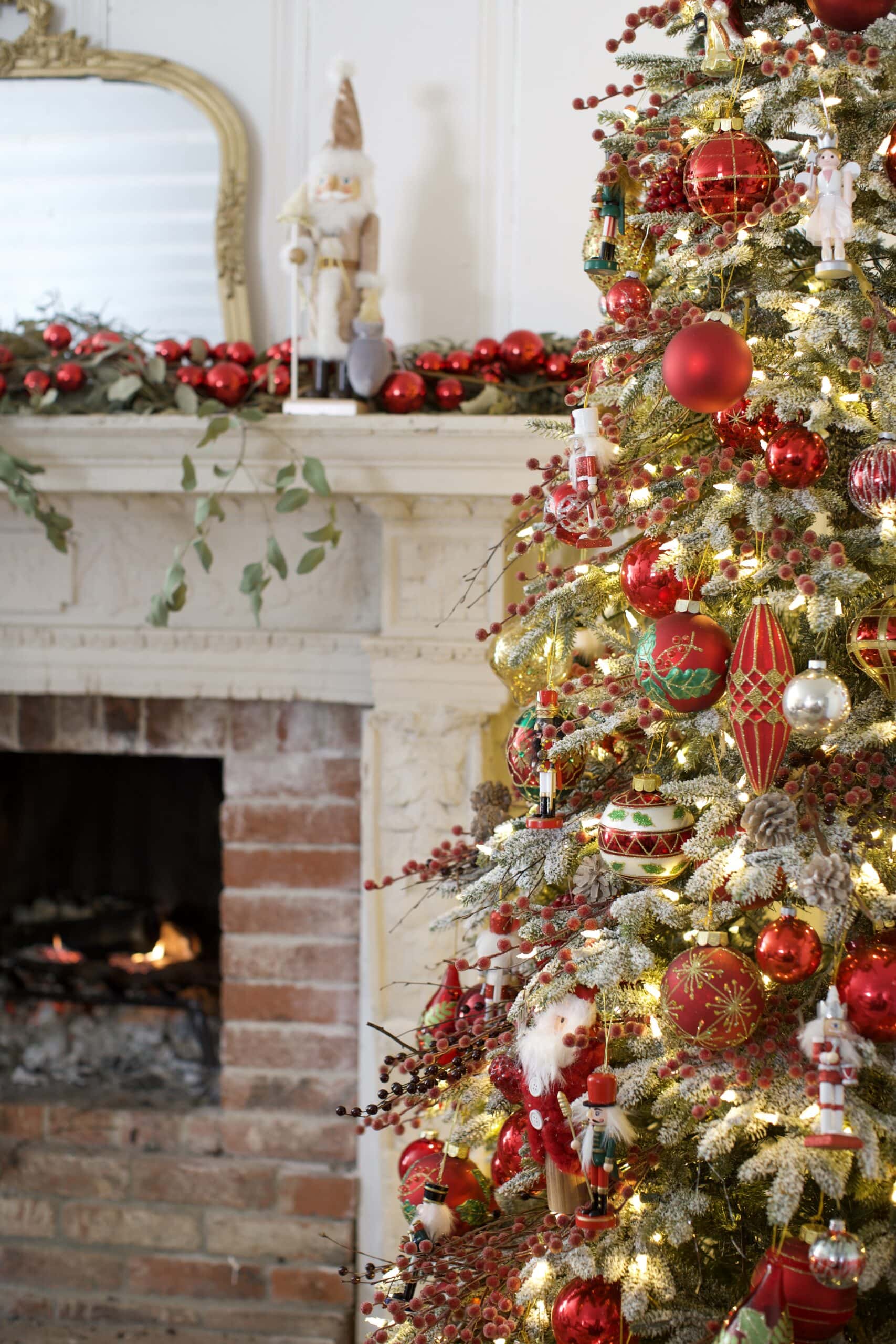 Snowy Red Christmas Tree - French Country Cottage