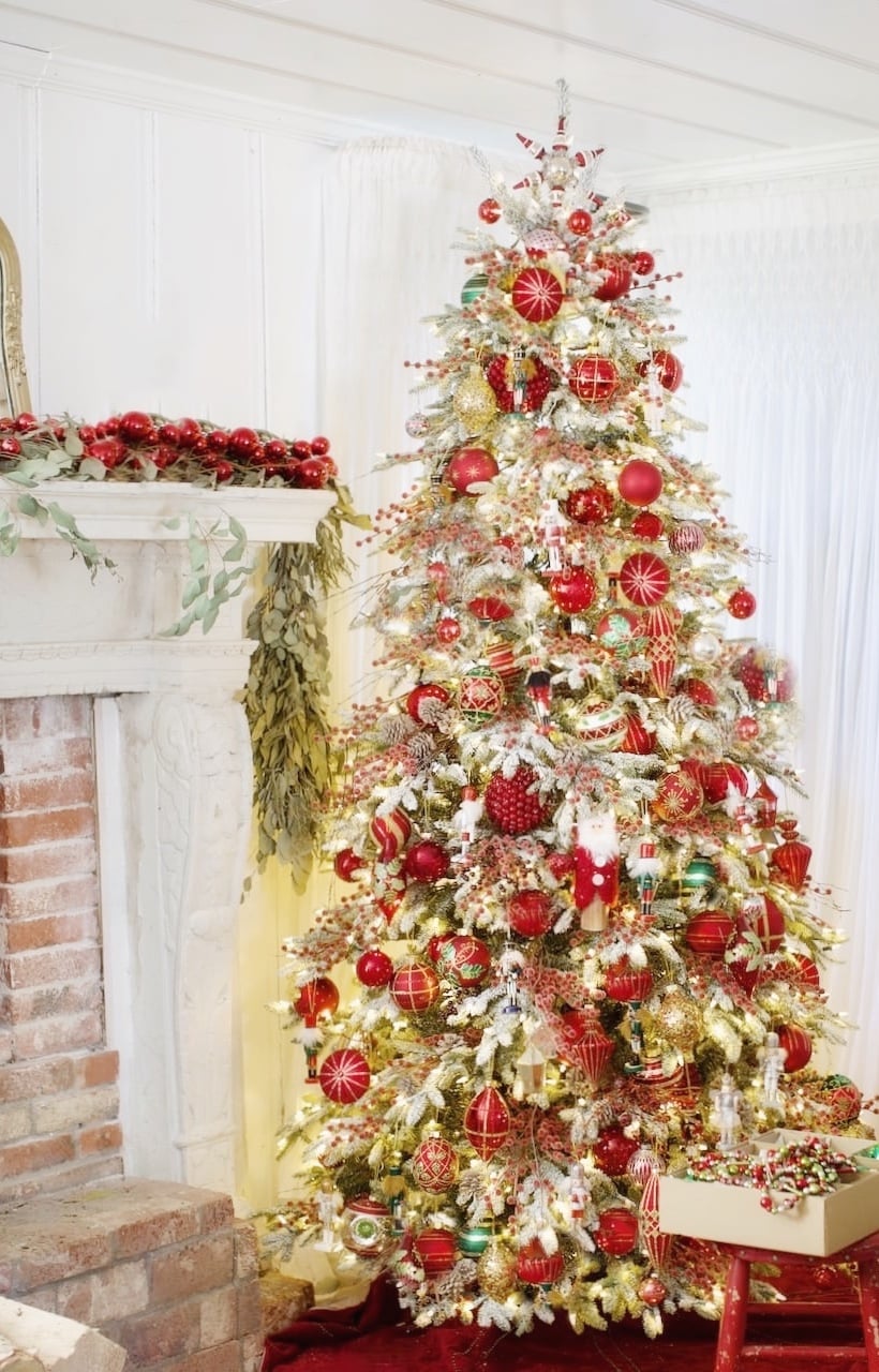Snowy Red Christmas Tree - French Country Cottage