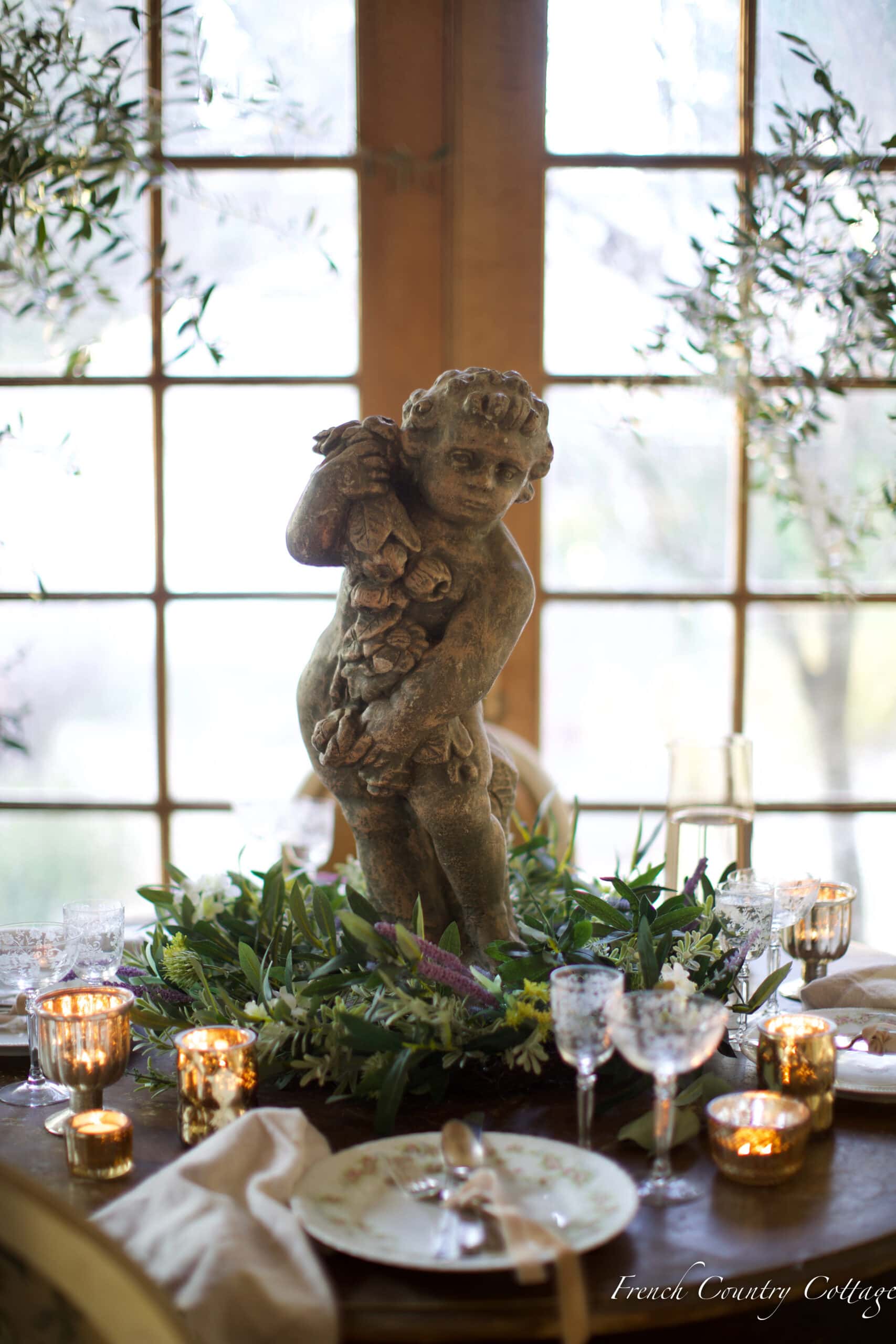 Spring Table Centerpiece with garden statue - French Country Cottage