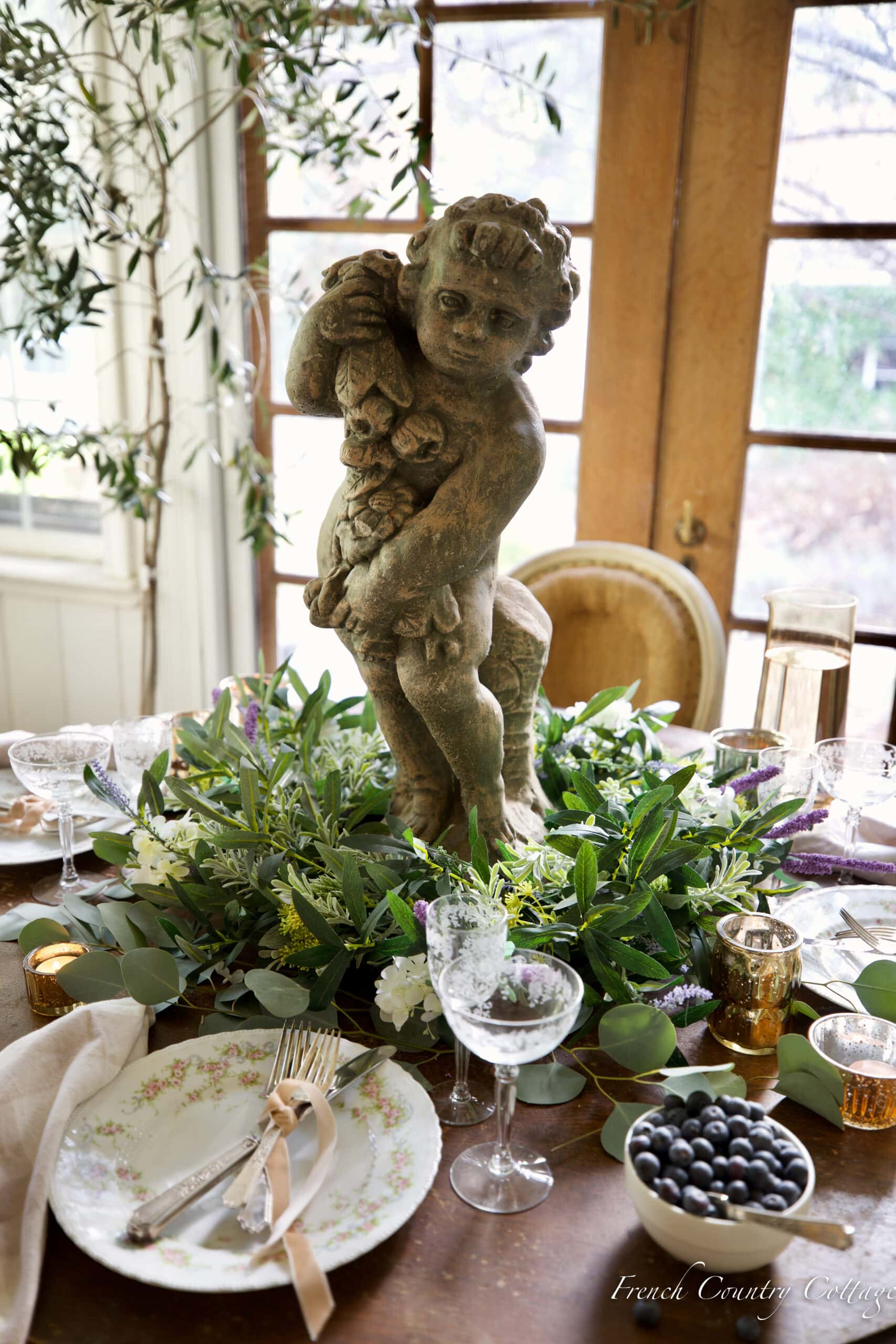 Spring Table Centerpiece with garden statue - French Country Cottage