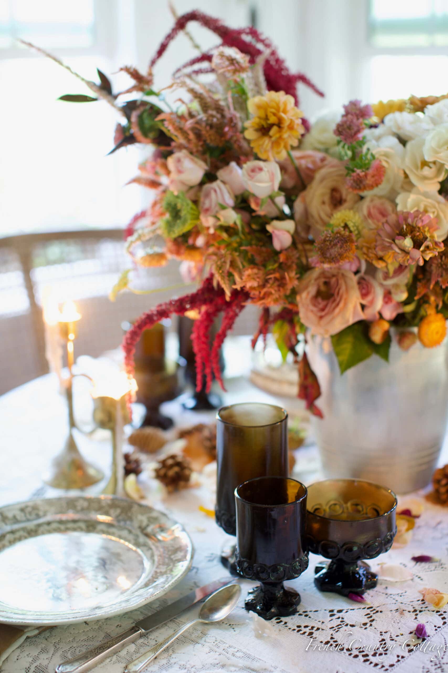 Beautiful Simple Autumn table & floral arrangement - French Country Cottage
