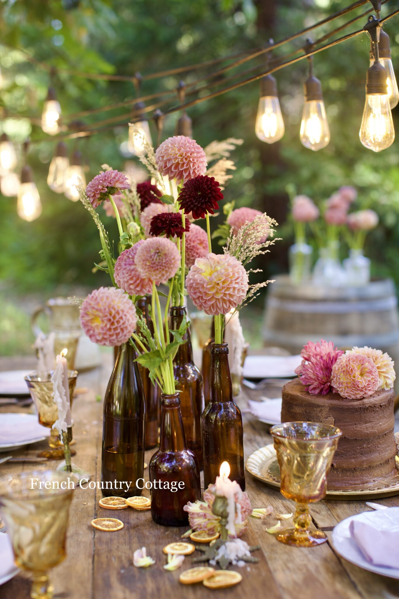 Bottles & Blooms- Beautiful Dahlias on the Table - French Country Cottage